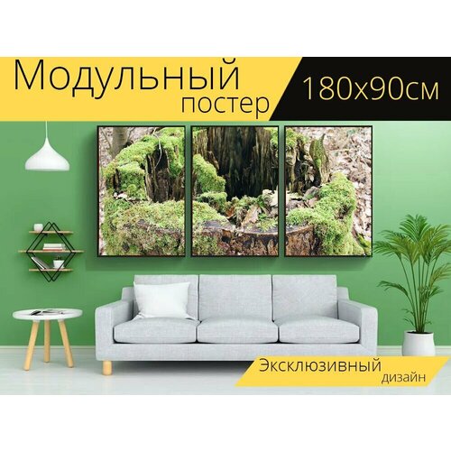 Модульный постер "Мох, пень, природа" 180 x 90 см. для интерьера