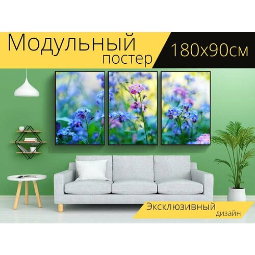 Модульный постер "Не забывай меня, остроконечный цветок, весенние цветы" 180 x 90 см. для интерьера