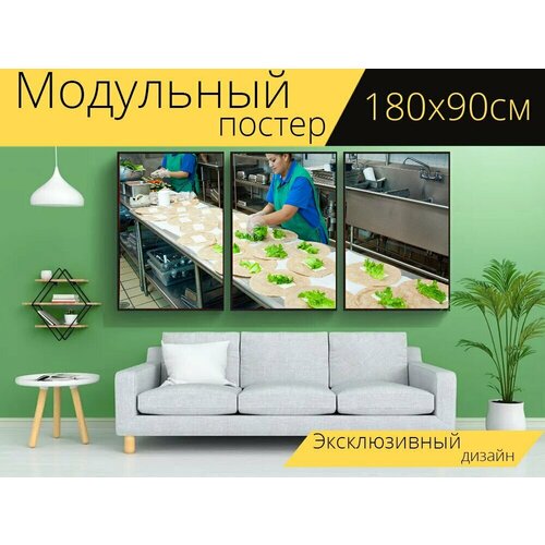 Модульный постер "Кухня, помощь, рабочий" 180 x 90 см. для интерьера