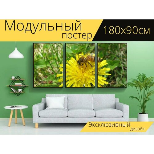 Модульный постер "Пчела, медовый, одуванчик" 180 x 90 см. для интерьера