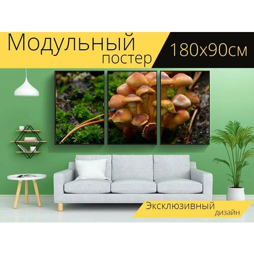 Модульный постер "Лес, природа, маленькие грибы" 180 x 90 см. для интерьера