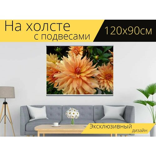 Картина на холсте "Хризантема, желтый, расцветает" с подвесами 120х90 см. для интерьера