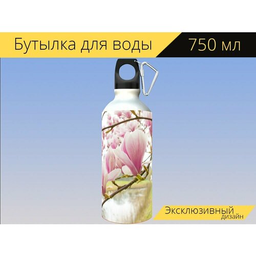 Бутылка фляга для воды "Магнолия, розовый, весна" 750 мл. с карабином и принтом