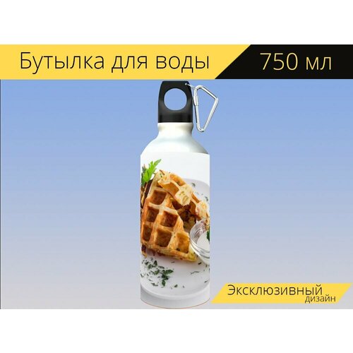 Бутылка фляга для воды "Вафли, вафля, питание" 750 мл. с карабином и принтом