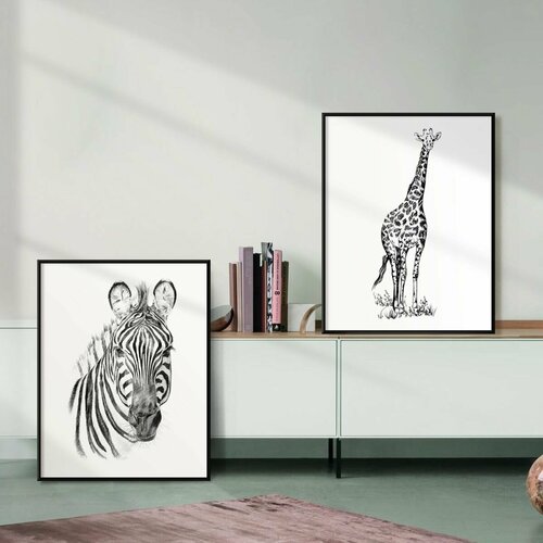 Плакат Постер 2 шт 60х90 без рамки "Зебра и жираф черно белый рисунок" набор картин для интерьера