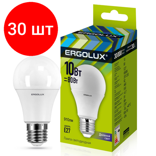 Комплект 30 штук, Лампа светодиодная Ergolux LED-A60-10W-E27-6500K Л