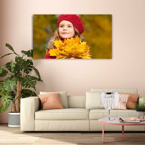 Картина на холсте 60x110 LinxOne "Девочка листья блондинка" интерьерная для дома / на стену / на кухню / с подрамником