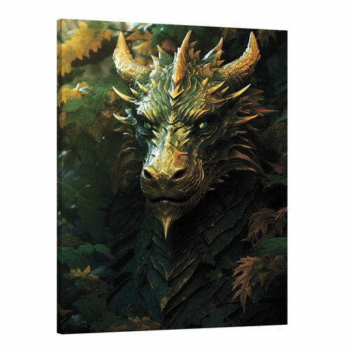 Интерьерная картина 50х70 "Зеленый дракон среди золотистых деревьев"