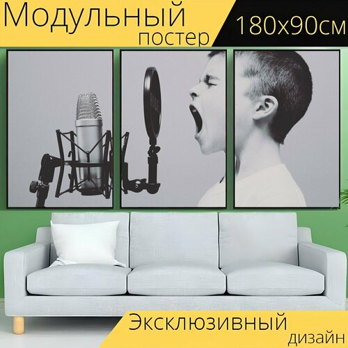 Модульный постер "Микрофон, мальчик, студия" 180 x 90 см. для интерьера