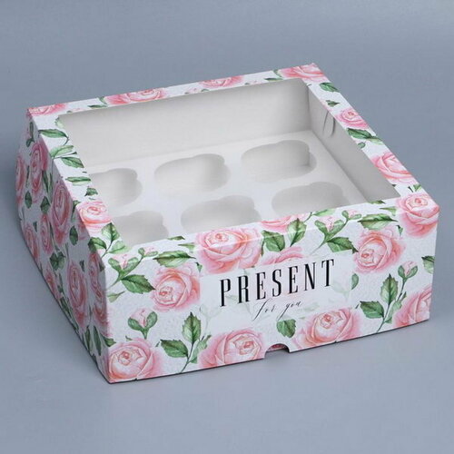 Коробка на 9 капкейков с окном, кондитерская упаковка "Розы", 25 x 25 x 10 см, 5 шт.
