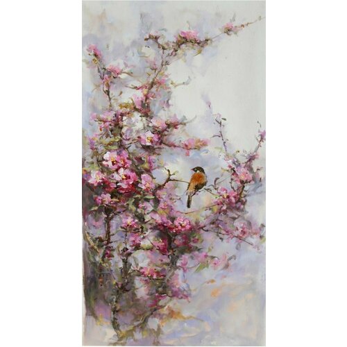 Картина маслом "Птица и цветущее дерево" 80х40см