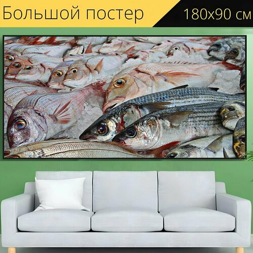 Большой постер "Рыба, рыбалка, традиционная рыбалка" 180 x 90 см. для интерьера