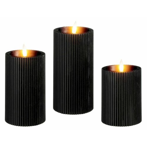 Светодиодные восковые свечи пилар, чёрные, тёплые белые LED-огни мерцающие, "натуральный фитилёк", 7.5х10/12.5/15 см, таймер, 3 шт, батарейки, Edelman 1134651