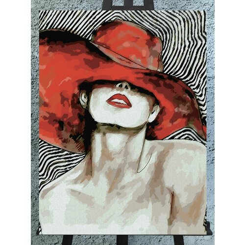 Картина на натуральном холсте "девушка В красной шляпе" 70х100см / Картина для интерьера дома
