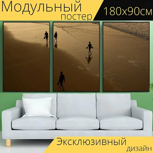 Модульный постер "Пляж, море, заход солнца" 180 x 90 см. для интерьера