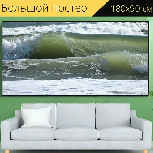 Большой постер "Океанские волны, море, вода" 180 x 90 см. для интерьера