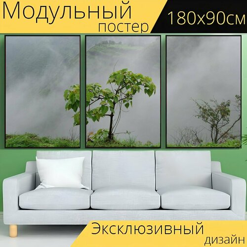 Модульный постер "Туман, природа, пейзаж" 180 x 90 см. для интерьера
