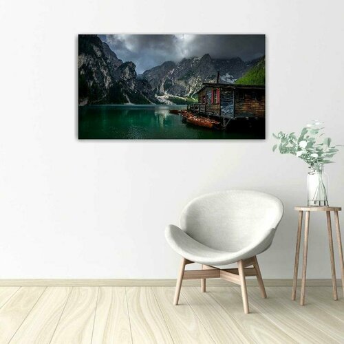 Картина на холсте 60x110 LinxOne "Пейзаж Доломиты дом озеро" интерьерная для дома / на стену / на кухню / с подрамником