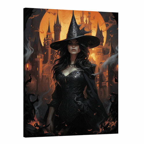 Интерьерная картина 50х70 "Ведьма на фоне замка"