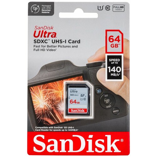 Карта памяти SanDisk SDXC 64ГБ Ultra Class 10 UHS-I U1 (140 Mb/s)