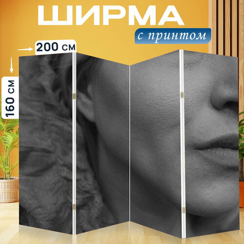 Ширма перегородка с принтом "Женщина, портрет, черное и белое" на холсте - 200x160 см. для зонирования, раскладная