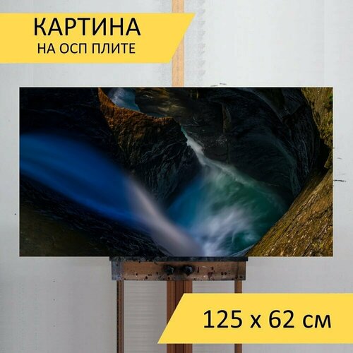 Картина на ОСП 125х62 см. "Водопад, гора, природа" горизонтальная, для интерьера, с креплениями