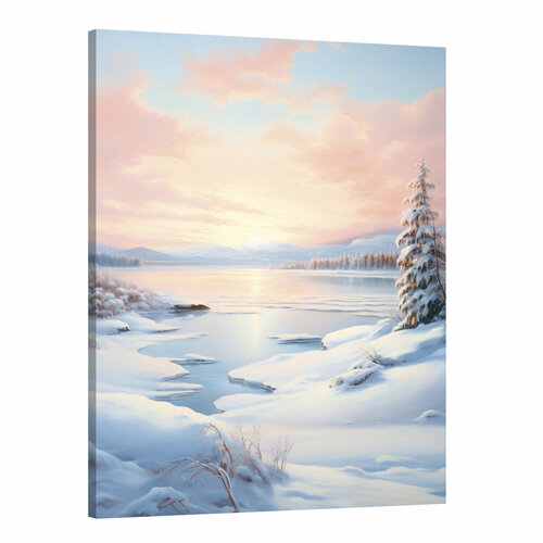 Интерьерная картина 50х70 "Пейзаж с замерзшим озером и снежными сугробами"