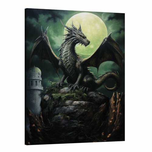 Интерьерная картина 50х70 "Зеленый дракон в таинственном замке"