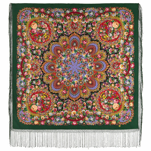 Платок Павловопосадская платочная мануфактура,148х148 см, зеленый, бордовый