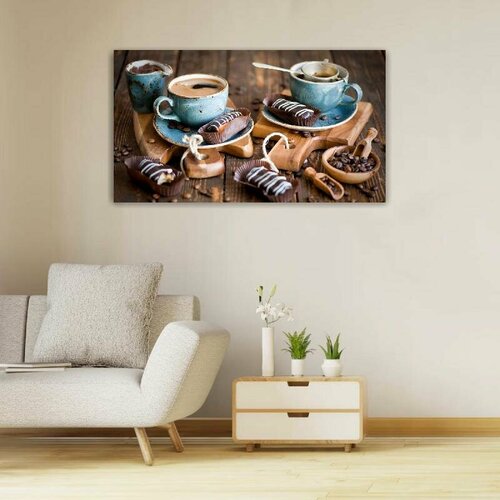 Картина на холсте 60x110 LinxOne "Эклеры натюрморт кофе" интерьерная для дома / на стену / на кухню / с подрамником