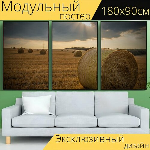 Модульный постер "Солома, тюков, сельское хозяйство" 180 x 90 см. для интерьера