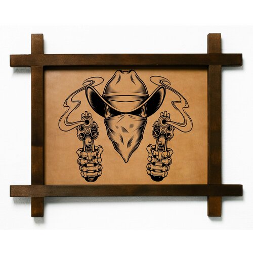 Картина Череп ковбой, гравировка на натуральной коже, интерьерная для украшения и декора на стену в деревянной раме, подарок, BoomGift