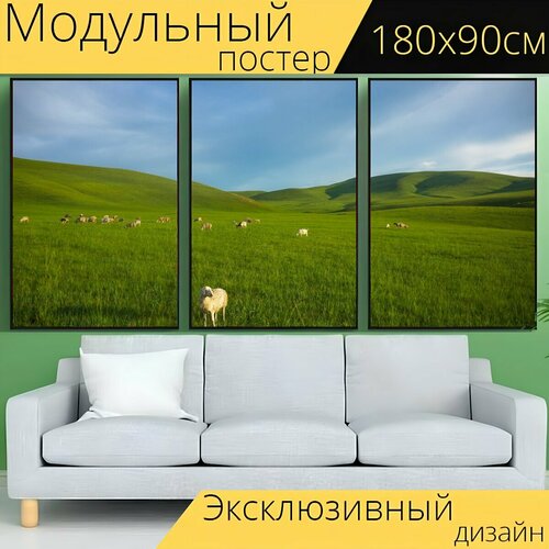 Модульный постер "Пастбища, овец, внутренняя монголия" 180 x 90 см. для интерьера