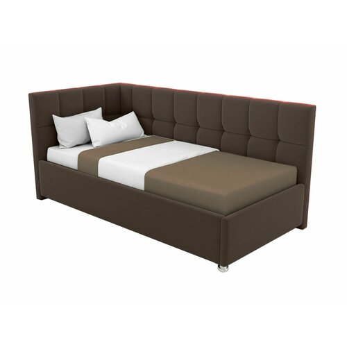 Односпальная кровать Эльза 90x200 основание металлическое с ламелями велюр коричневый ножки 5 см угол правый