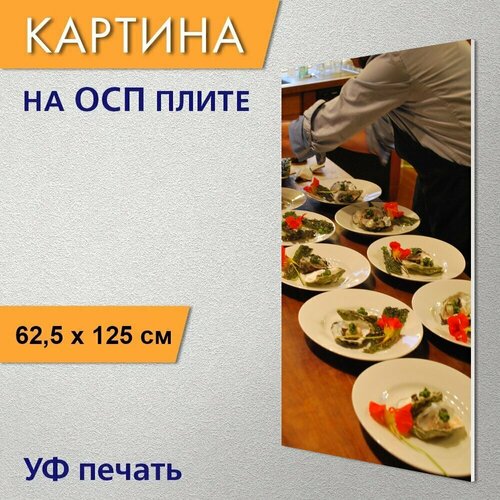 Вертикальная картина на ОСП "Устрицы, подготовка, еда" 62x125 см. для интерьериа