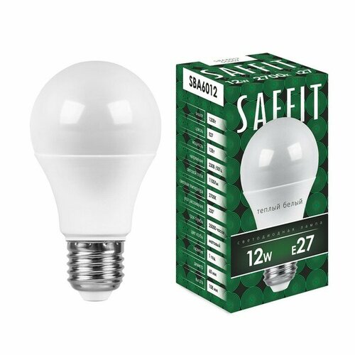 Лампа светодиодная SAFFIT SBA6012, A60, E27, 12 Вт, 230 В, 2700 К, 1100 Лм, 220°,112 х 60 мм