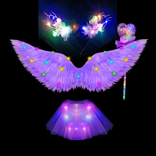 "Крылья Ангела" - набор светящихся украшений на спину, крылья, юбка, ободок и волшебная палочка. Фиолетовый