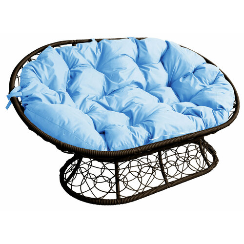 Диван мамасан с ротангом коричневое, голубая подушка