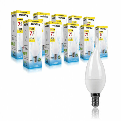 Упаковка светодиодных ламп Свеча C37 на ветру матовая - C37-07W/3000/E14 Smartbuy - 10 штук! Свеча C37 - 10 штук