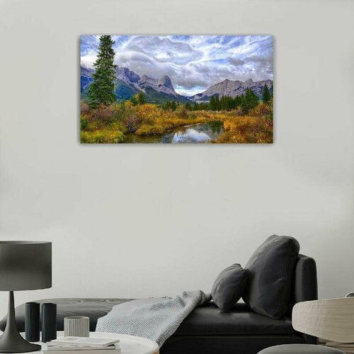 Картина на холсте 60x110 LinxOne "Горы лес облака озеро деревья" интерьерная для дома / на стену / на кухню / с подрамником