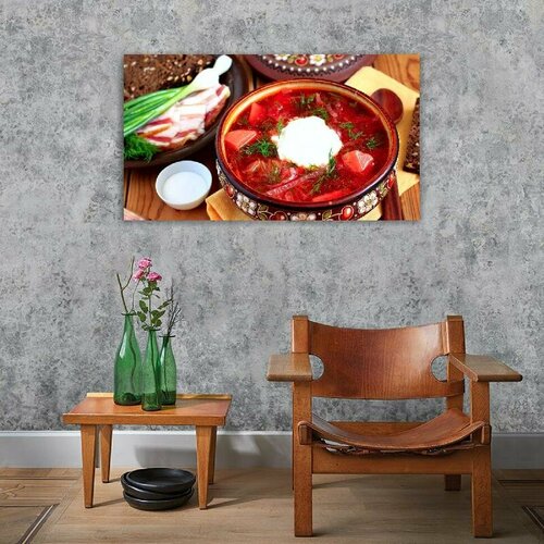 Картина на холсте 60x110 LinxOne "Хлеб первое блюдо сало борщ" интерьерная для дома / на стену / на кухню / с подрамником