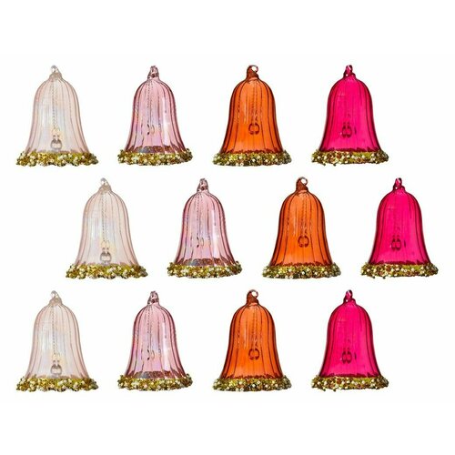 Набор стеклянных ёлочных колокольчиков JINGLE BELLS, нежно-розовый, янтарный, магнолия и розовый бархат, 8.3 см (упаковка 12 шт.), Kaemingk (Decoris) 120376
