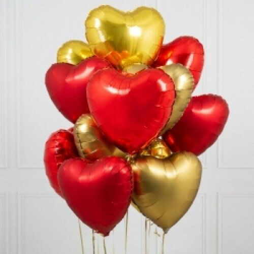 Букет шаров красно-золотых сердц - (Надутые Гелием)