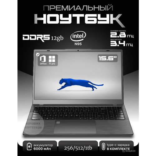 Премиальный ноутбук 15,6" IPS, Intel N95 4*3,4GHz, RAM 12GB, PD Type-c, 1080p camera, 6000mAh, 512 Gb SSD NVME