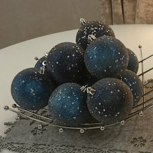 Елочные шары 8 см набор из 12 синих шаров с пайетками