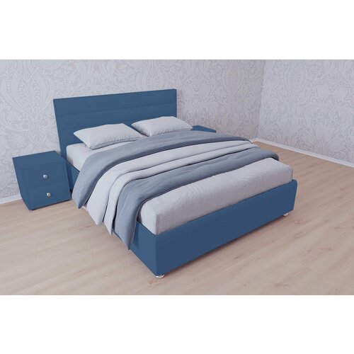 Двуспальная кровать Милан 140x200 основание металлическое с ламелями велюр синий ножки 5 см