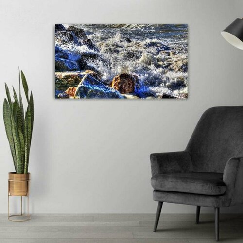 Картина на холсте 60x110 LinxOne "Пейзаж Природа Пена Камни" интерьерная для дома / на стену / на кухню / с подрамником