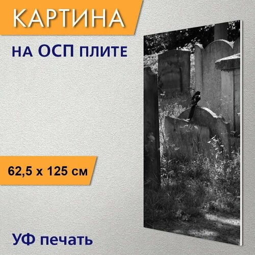 Вертикальная картина на ОСП "Кладбище, сорока, птица" 62x125 см. для интерьериа