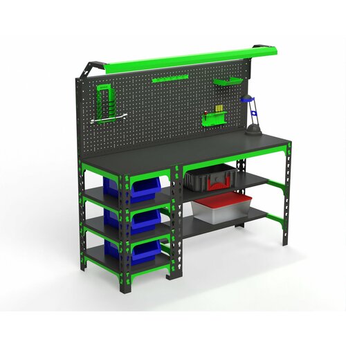 Стол металлический Metalex серия SUN 750х1600х600 (с бок. полками, перфопанелью и комплектом освещения)