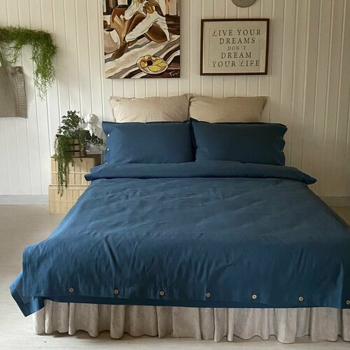 Льняное постельное белье Евро Классическое Синее, наволочки 50х70